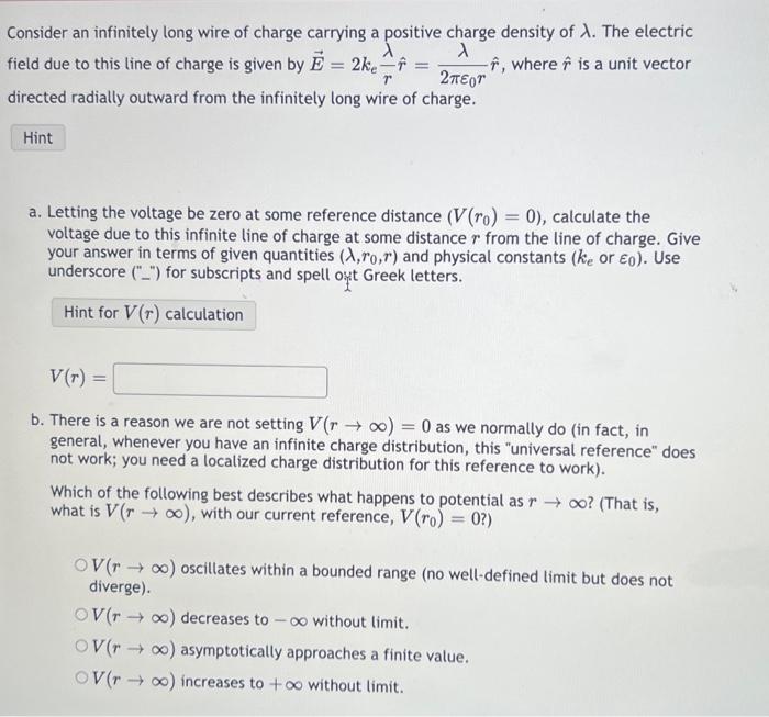 Solved Consider an infinitely long wire of charge carrying a | Chegg.com