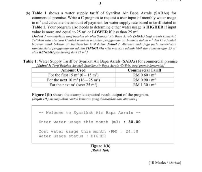 Solved (b) Table 1 shows a water supply tariff of Syarikat | Chegg.com