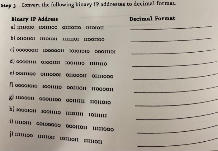 Solved Step 3 Convert the following binary IP addresses to | Chegg.com