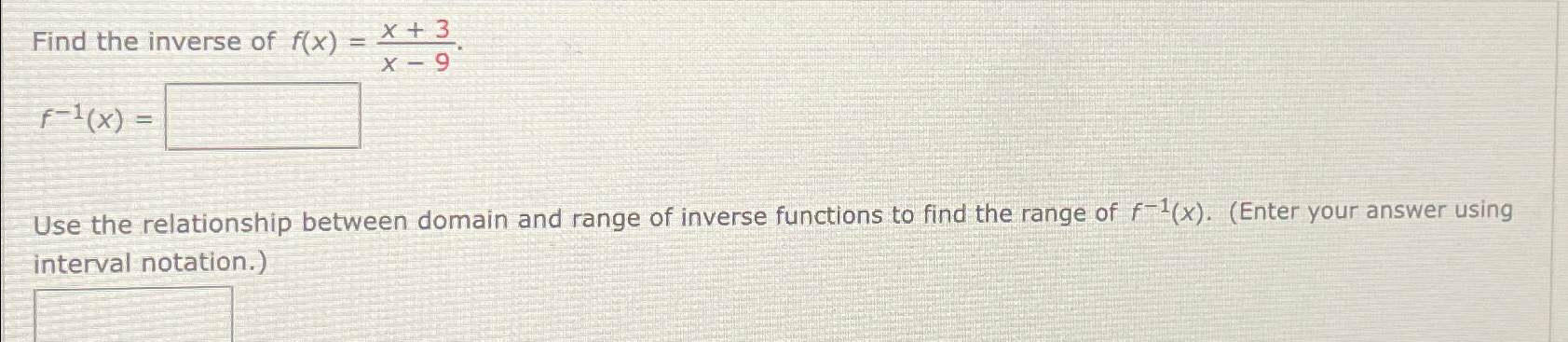 Solved Find the inverse of f(x)=x+3x-9f-1(x)=Use the | Chegg.com