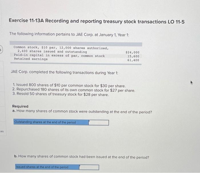 Solved Exercise 11-13A Recording and reporting treasury | Chegg.com