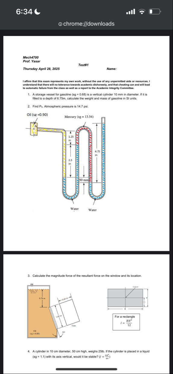6:34 ﻿C(3) ﻿chrome://downloadsMech4700Prof. | Chegg.com