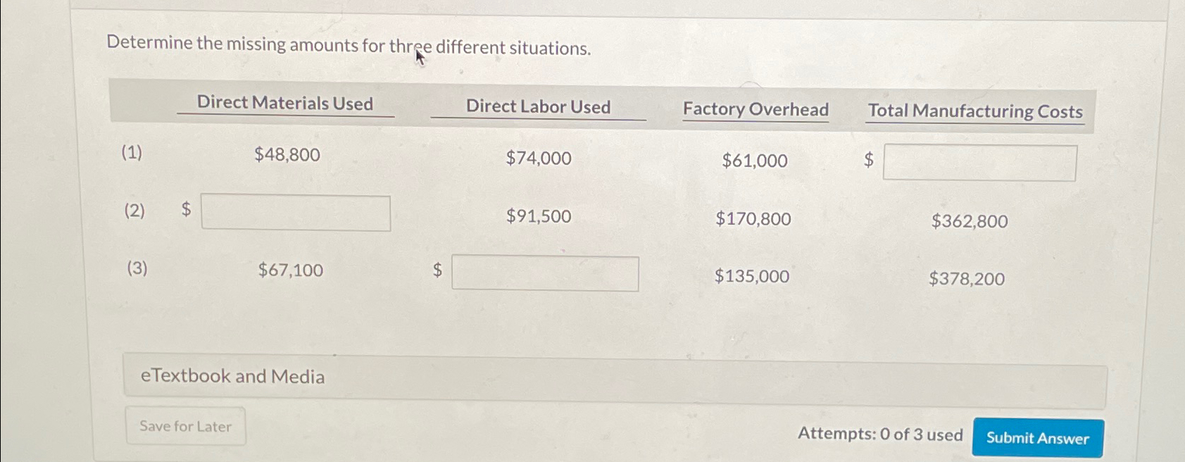 Solved Determine the missing amounts for thre different | Chegg.com