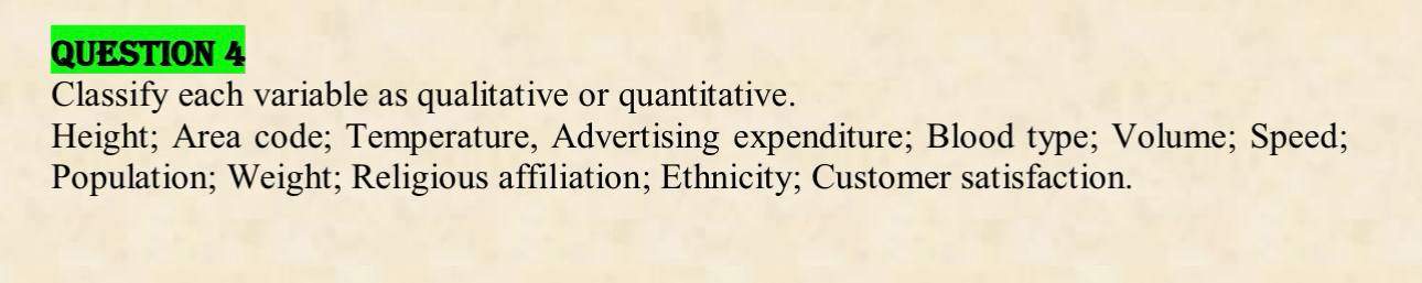 Solved QUESTION 4Classify each variable as qualitative or | Chegg.com