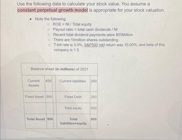 Solved Jse the following data to calculate your stock value. | Chegg.com