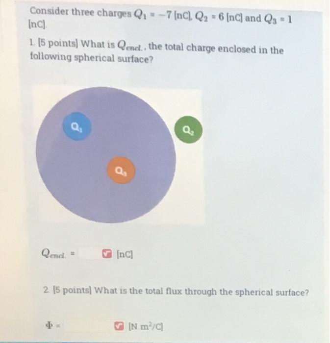 Solved Consider three charges Q. - - 7 nC). Q2 = 6 InC) and | Chegg.com