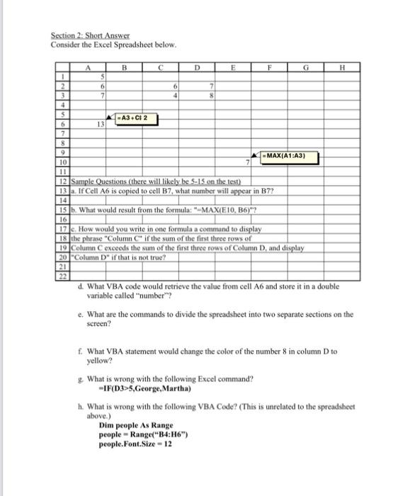 Solved Section 2; Short Answer Consider the Excel | Chegg.com