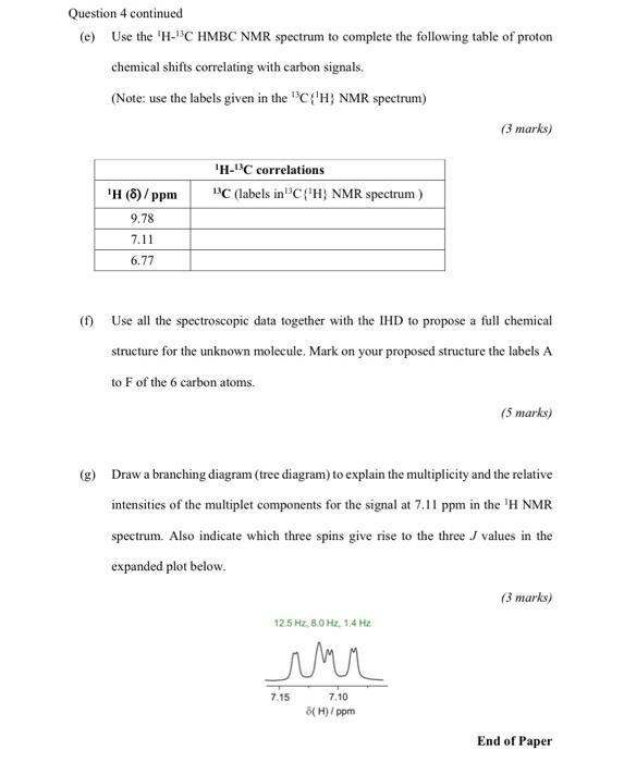 Question 4 continued (e) Use the 1H−13C HMBC NMR | Chegg.com