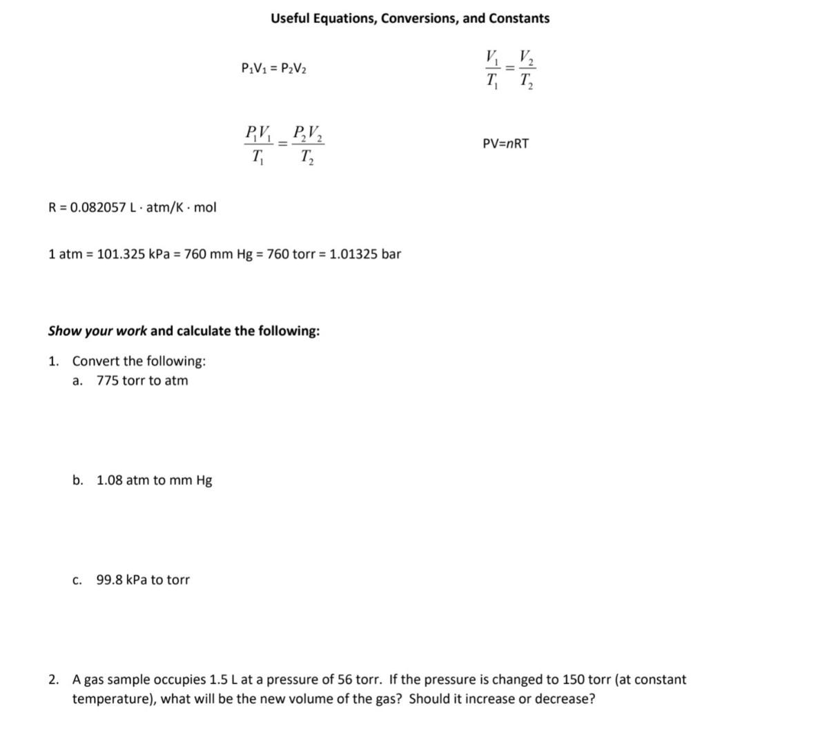 Solved Useful Equations, Conversions, and Constants P V1 = | Chegg.com