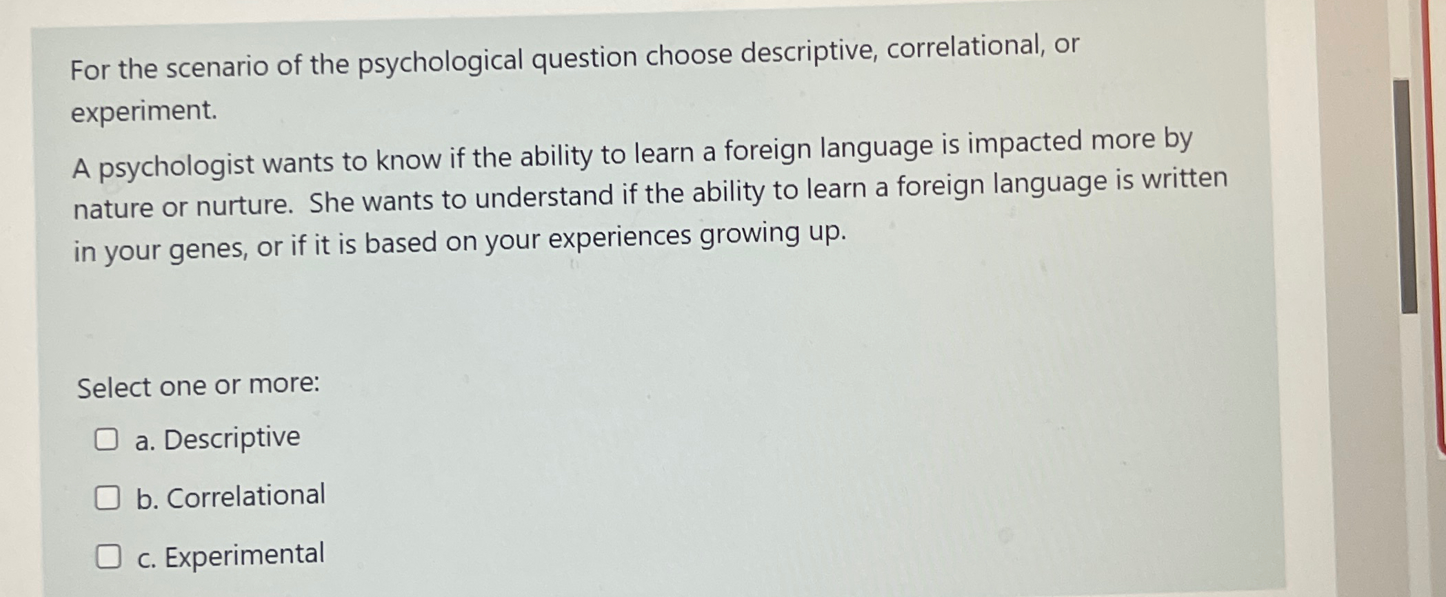 Solved For the scenario of the psychological question choose | Chegg.com