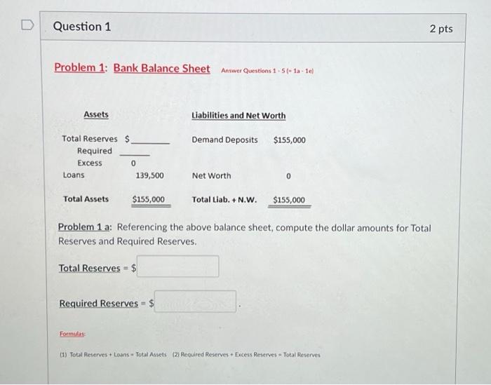 Solved Problem 1: Bank Balance Sheet Anwwer Questions | Chegg.com