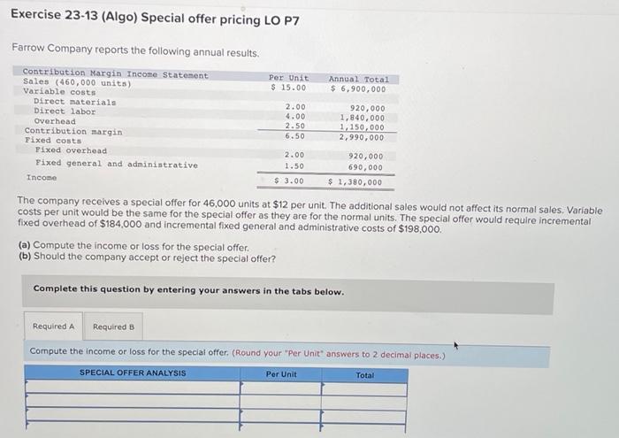 Solved Exercise 23-13 (Algo) Special offer pricing LO P7 | Chegg.com