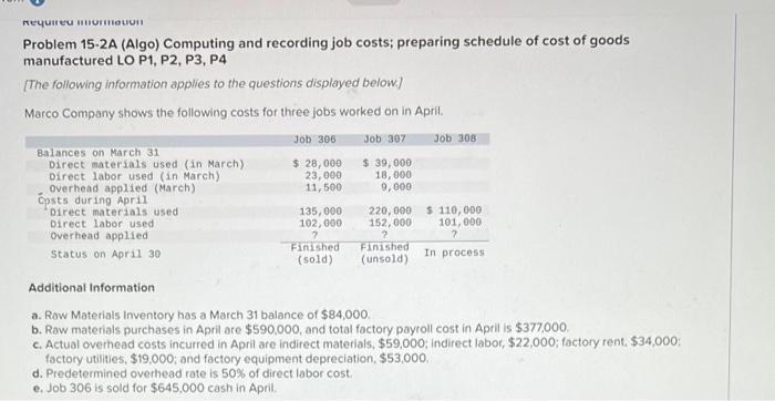 Solved Problem 15-2A (Algo) Computing and recording job | Chegg.com