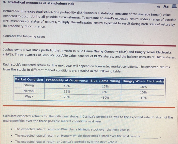 Solved 4. Statistical measures of stand-alone risk Aa Aa | Chegg.com