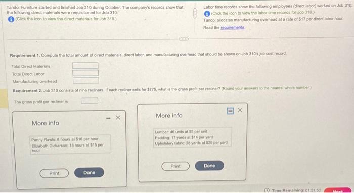 Solved Tandol Fumiture started and finished Job 310 during | Chegg.com