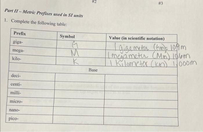 Solved #2 #3 Part II - Metric Prefixes used in SI units 1. | Chegg.com