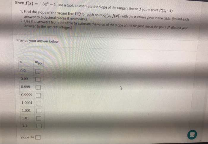 Solved Given f(x) = -3° - 1, use a table to estimate the | Chegg.com
