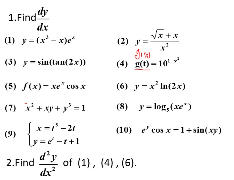 Solved 1. Find dy dx (1y = (x? – x)et √x+x (2) y= कर (3) y | Chegg.com