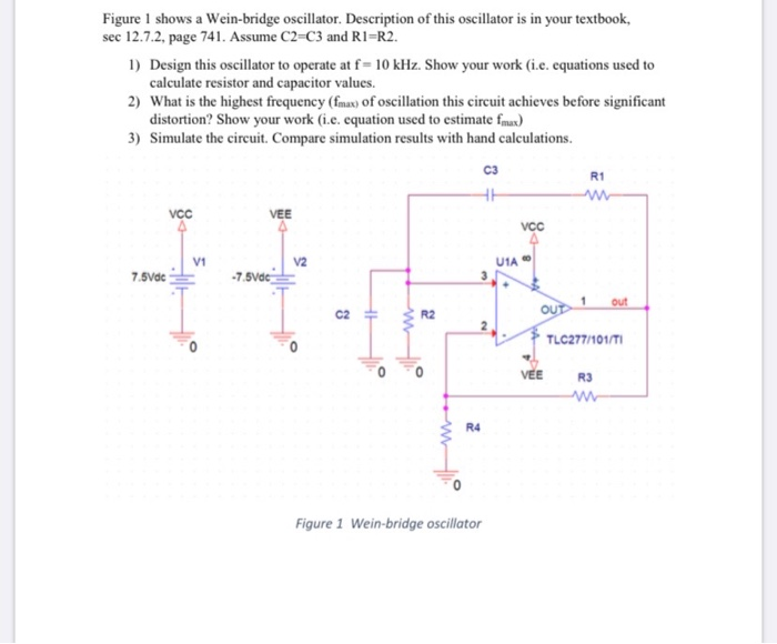 Solved Figure 1 shows a Wein-bridge oscillator. Description | Chegg.com
