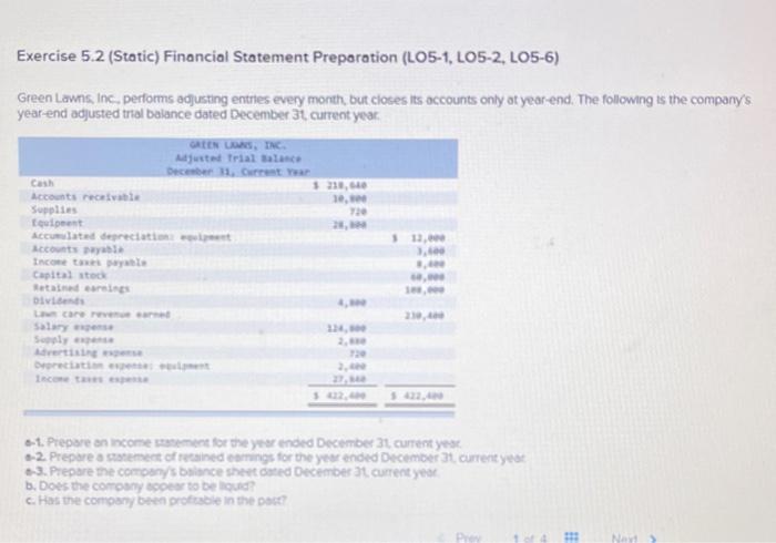 Solved Exercise 5.2 (Static) Financial Statement Preparation | Chegg.com