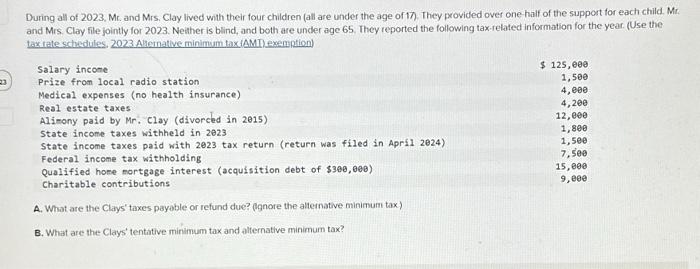 Solved During all of 2023, Mc. and Mrs. Clay lived with | Chegg.com