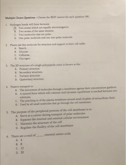 Solved Multiple Choice Questions - Choose the BEST answer | Chegg.com