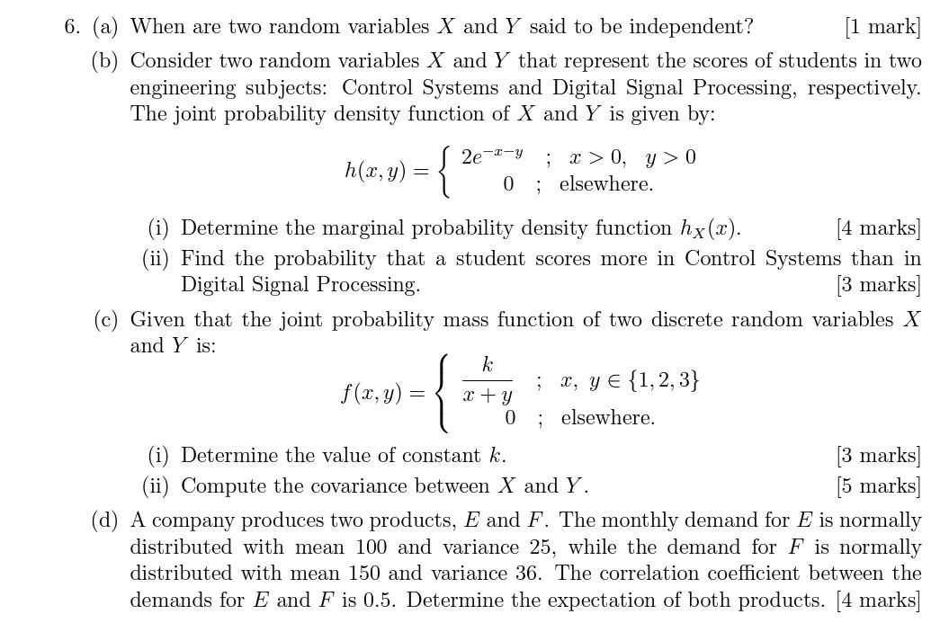 Solved A When Are Two Random Variables X And Y Said To Be