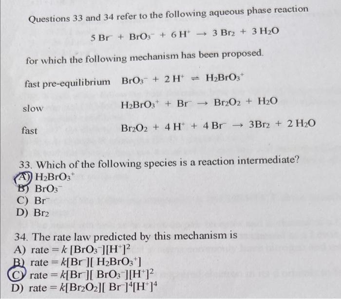 Solved Questions 33 and 34 refer to the following aqueous | Chegg.com