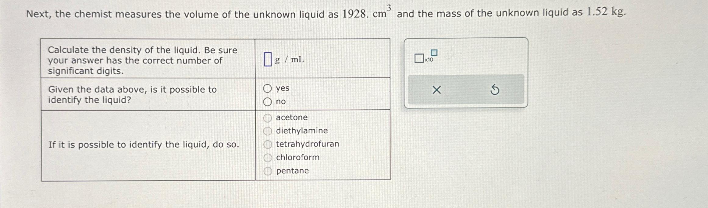 Solved Next, the chemist measures the volume of the unknown | Chegg.com
