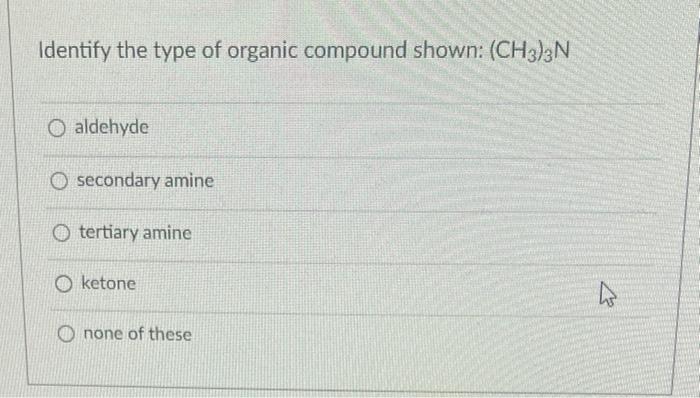 Solved Identify the type of organic compound shown: (CH3)3N | Chegg.com