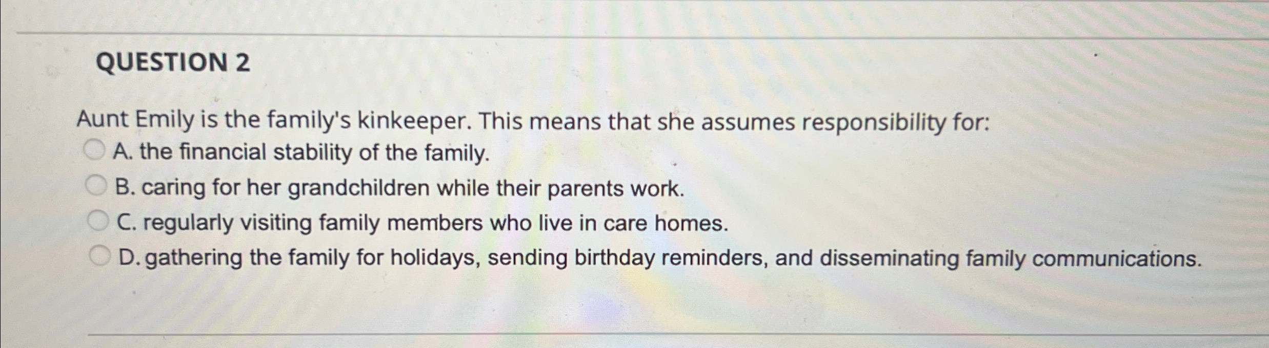 Solved QUESTION 2Aunt Emily is the family's kinkeeper. This | Chegg.com