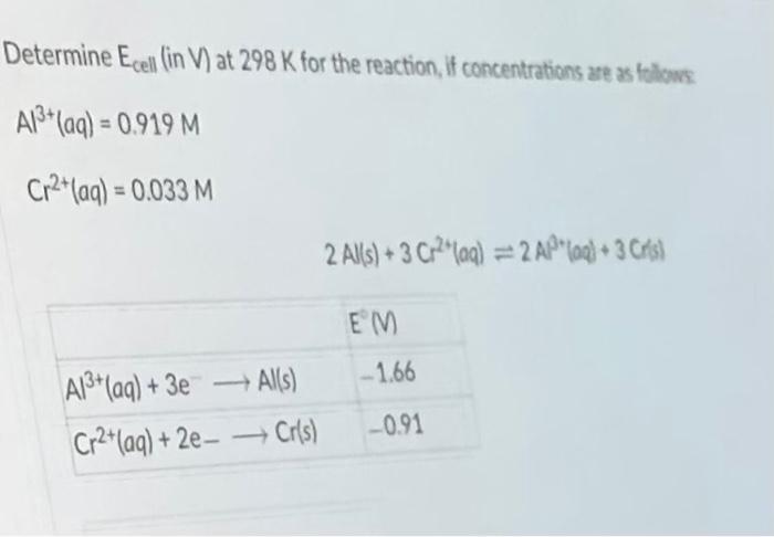 Solved Determine Ecell (in V ) at 298 K for the reaction, | Chegg.com
