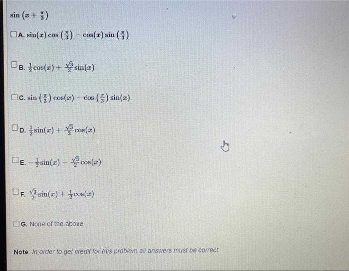 Solved A. sin(x)cos(3π)−cos(x)sin(3π) B. 21cos(x)+23sin(x) | Chegg.com