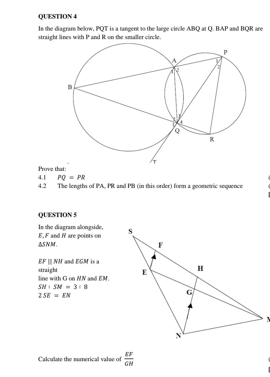 Solved QUESTION 4 In the diagram below, PQT is a tangent to | Chegg.com