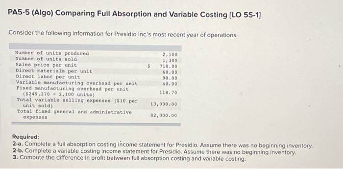 Solved PA5-5 (Algo) Comparing Full Absorption and Variable | Chegg.com