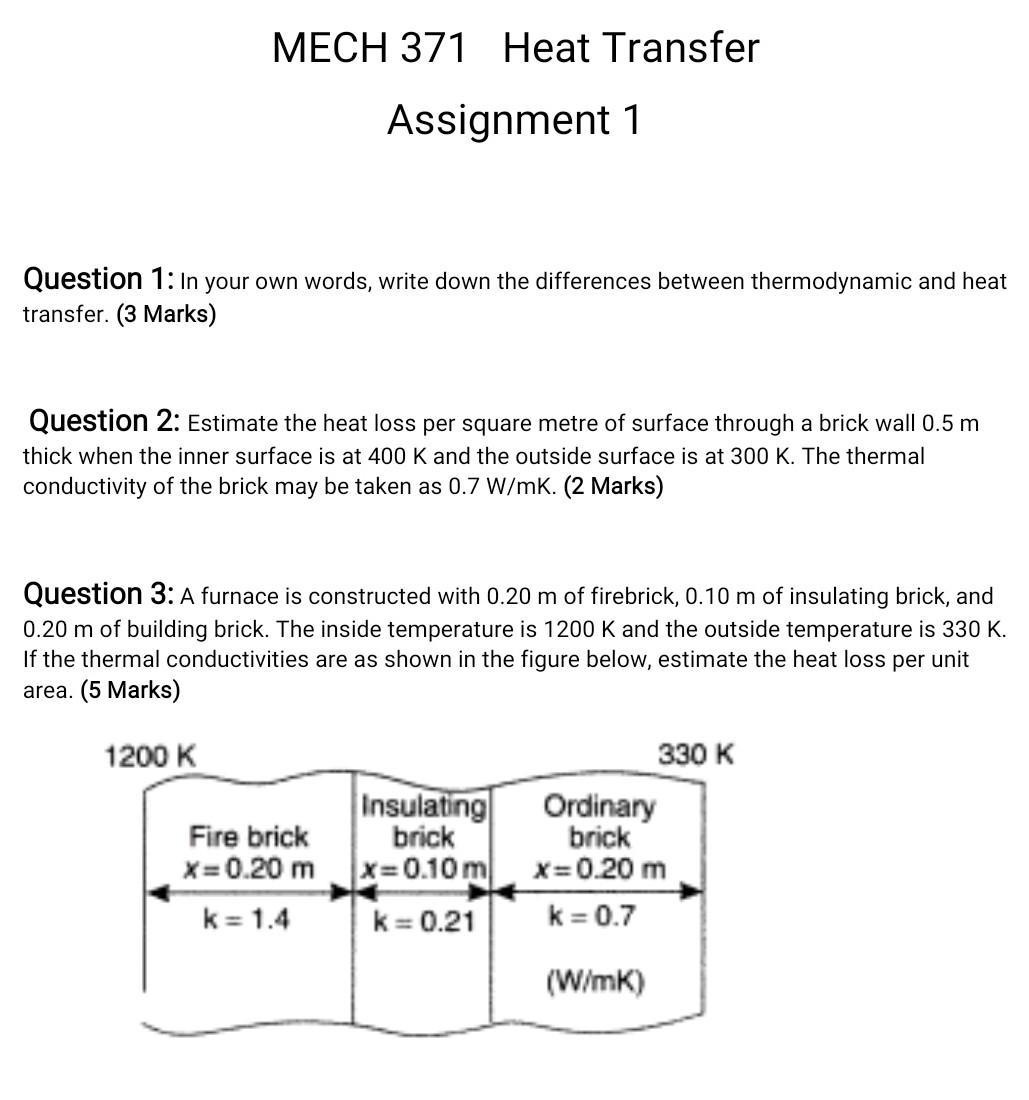 Solved MECH 371 Heat Transfer Assignment 1 Question 1: In | Chegg.com
