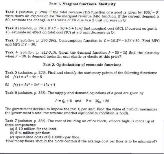 Solved Part 1. Marginal functions. Elasticity Task 1 | Chegg.com