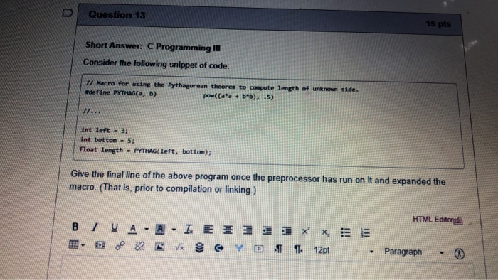 Solved DD Question 13 15 pts Short Answer: C Programming Ill | Chegg.com
