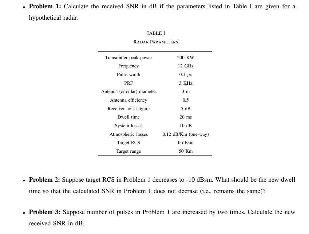 Problem 1: Calculate the received SNR in dB if the | Chegg.com