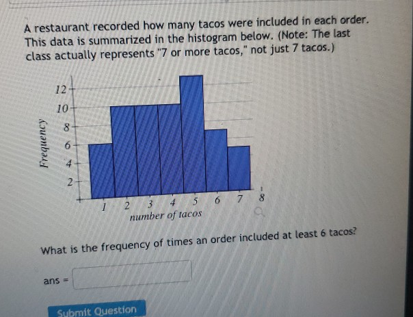 Solved A restaurant recorded how many tacos were included in | Chegg.com