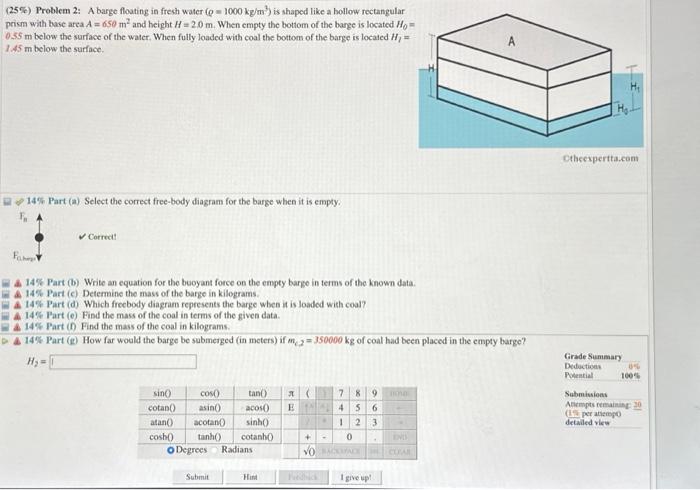 (25\%) Problem 2: A barge floating in fresh water | Chegg.com