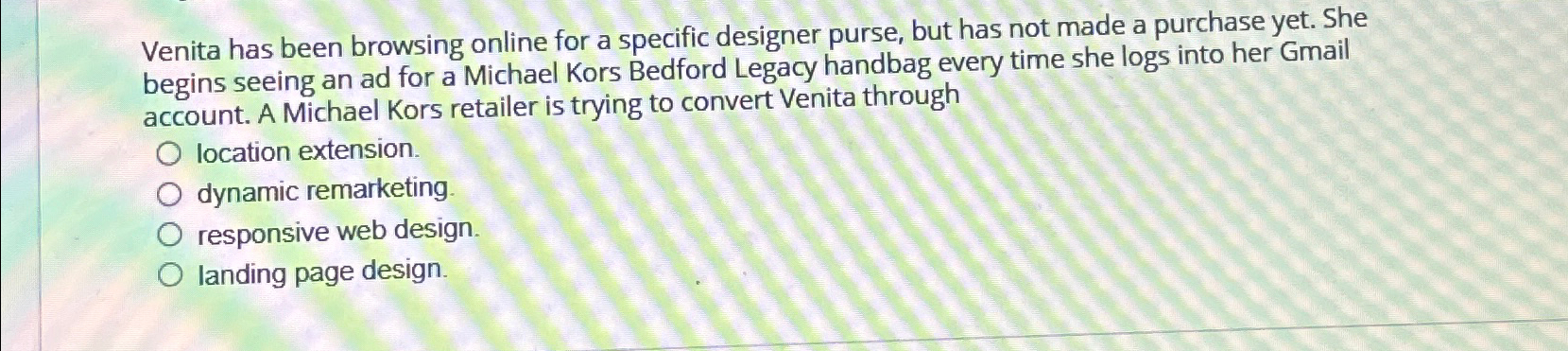 Solved Venita has been browsing online for a specific | Chegg.com