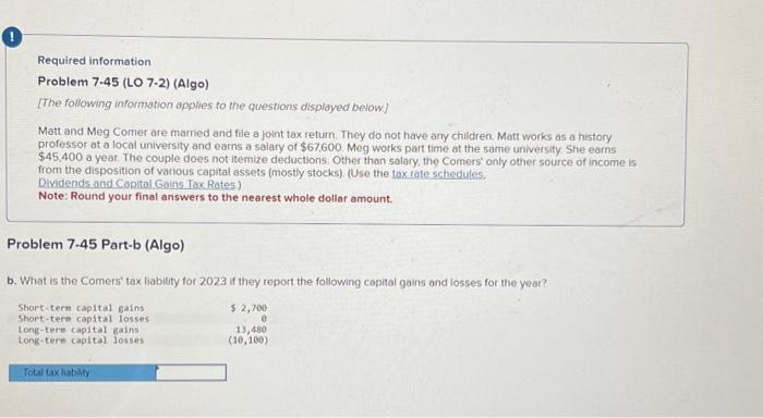 Solved Required information Problem 7.45 (LO 7-2) (Algo) | Chegg.com