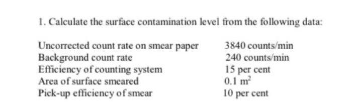 Solved 1. Calculate the surface contamination level from the | Chegg.com