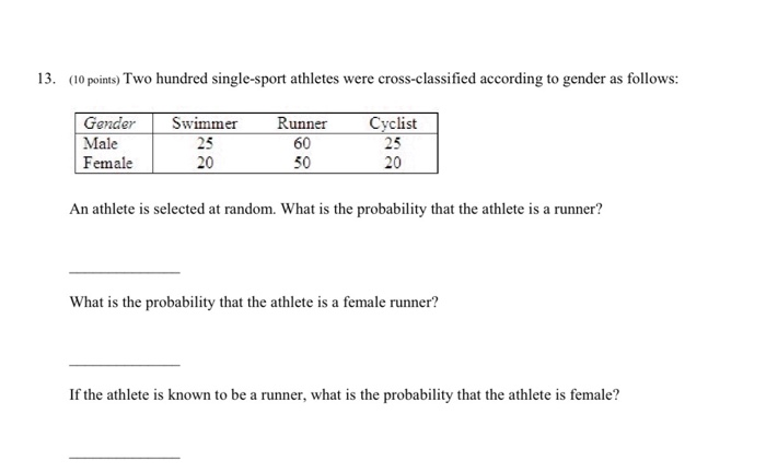 Solved 13. (10 points) Two hundred single-sport athletes | Chegg.com Solved 13. (10 points) Two hundred single-sport athletes | Chegg.com