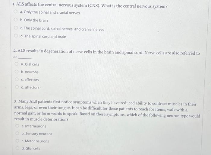Solved 1. ALS affects the central nervous system (CNS). | Chegg.com