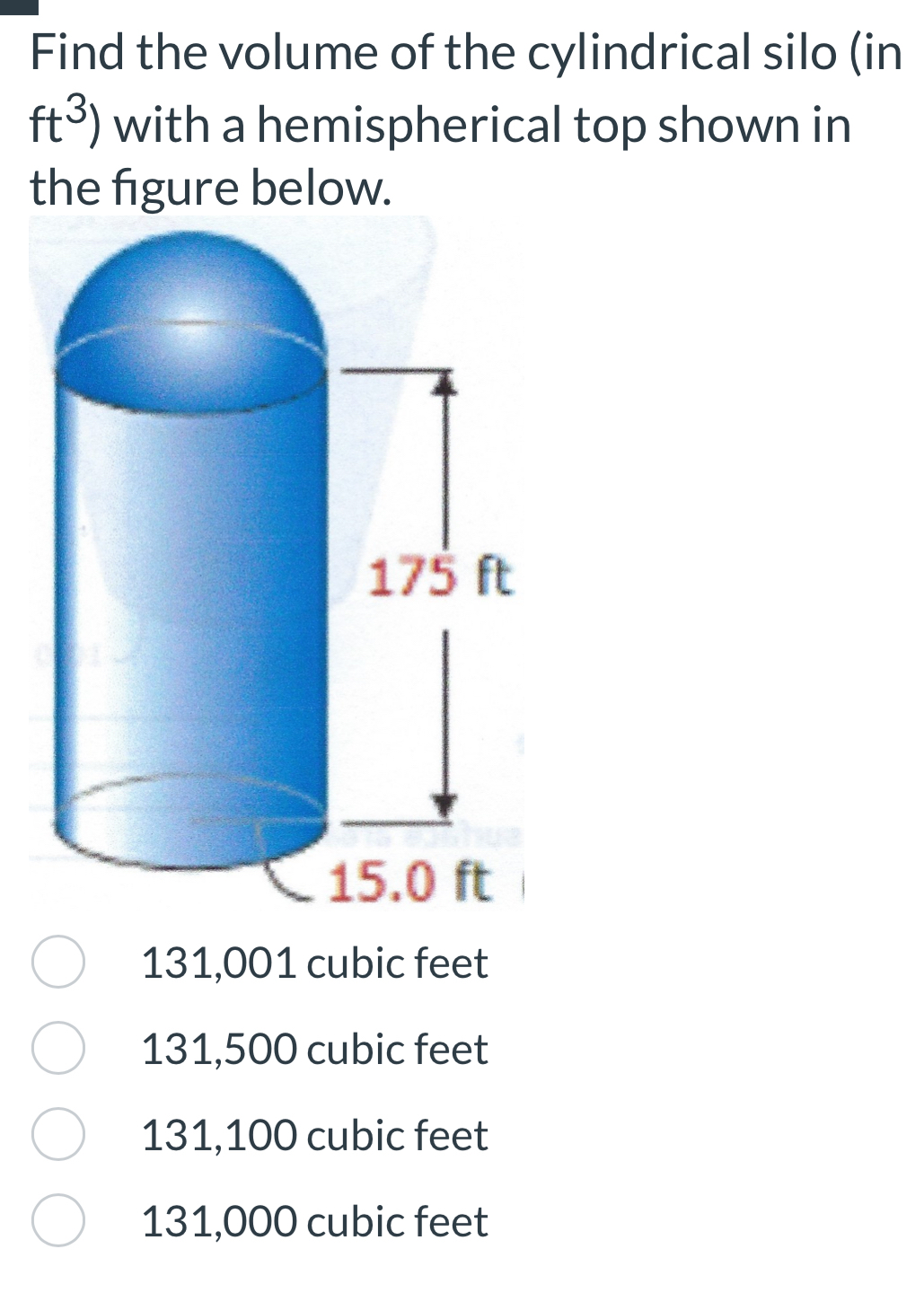 Solved Find the volume of the cylindrical silo (in ft3 ) | Chegg.com