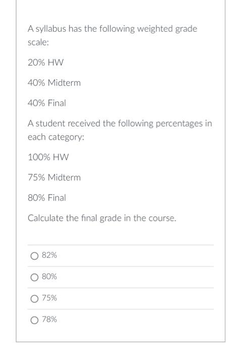 Solved A syllabus has the following weighted grade scale: | Chegg.com