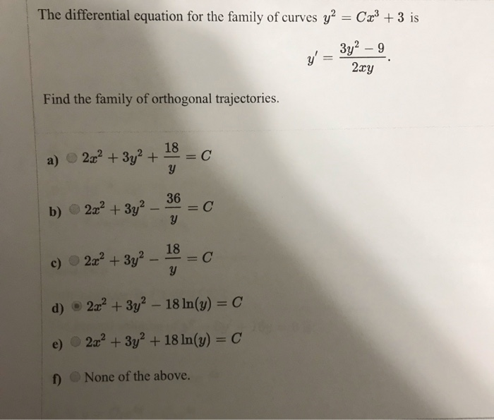 Solved The differential equation for the family of curves y2 | Chegg.com