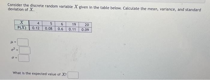 Solved Consider the discrete random variable X given in the | Chegg.com